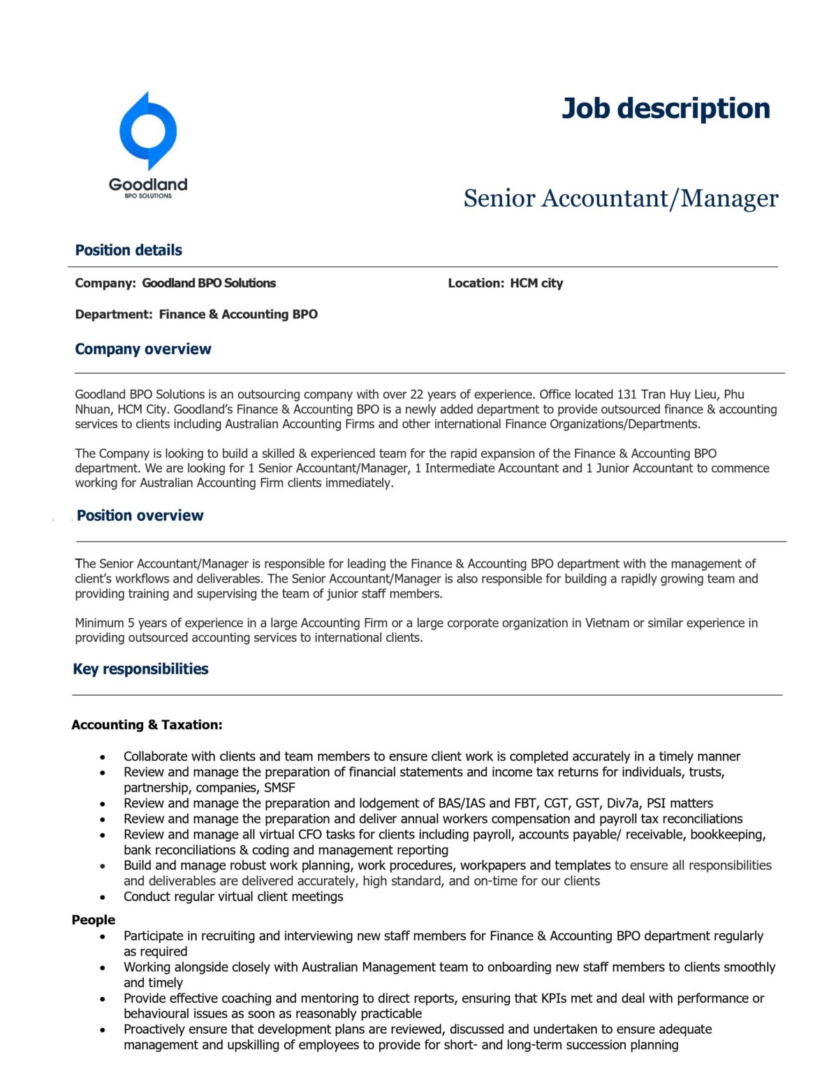 GoodLand- Senior Accountant Job Description